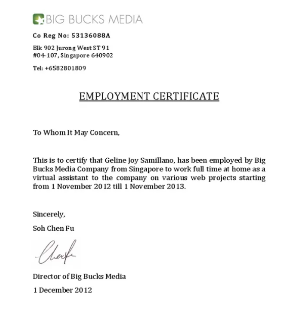 Employment Certificate – Hongs Abroad